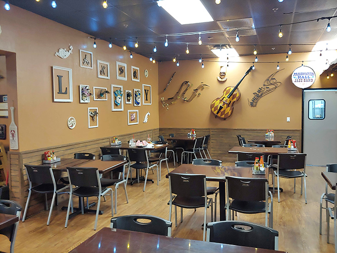 The dining area's Louisiana-themed d&eacute;cor, complete with state emblems and musical instruments, creates an atmosphere as authentic as the food.