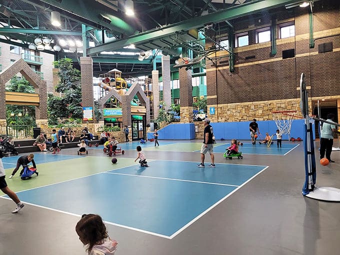 The sports court offers enough space for actual games, not just the cramped shooting practice that usually passes for indoor basketball.