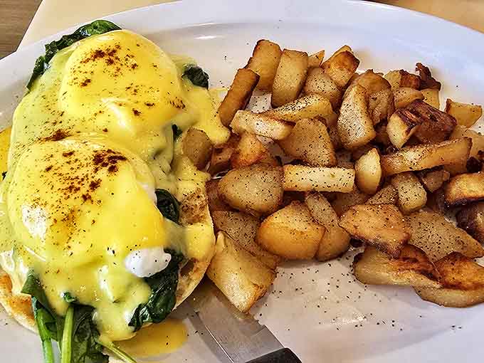 Florentine Benedict: Poached eggs perch atop a throne of spinach, crowned with hollandaise that's somehow both rich and light as morning sunshine.