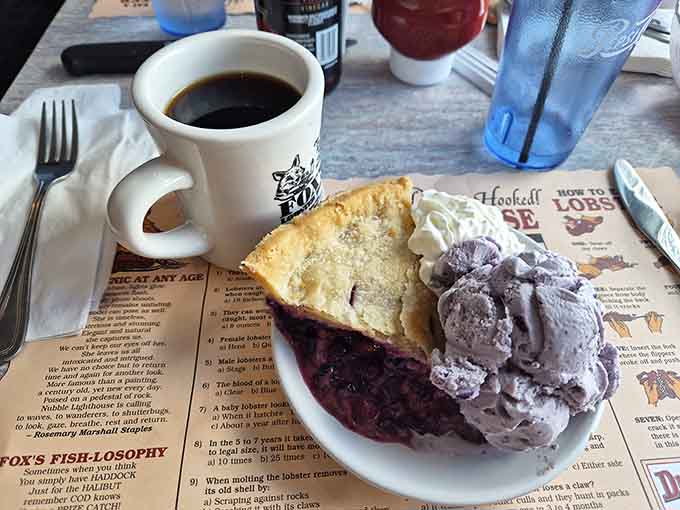 Blueberry pie and coffee, the kind of homestyle dessert that makes you want to move to Maine permanently.
