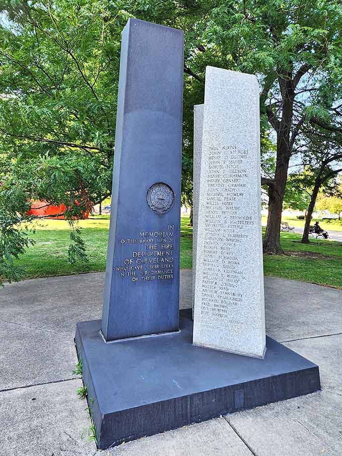 This poignant firefighters memorial shares Willard Park with the whimsical Free Stamp, embodying Cleveland's ability to honor both sacrifice and joy.
