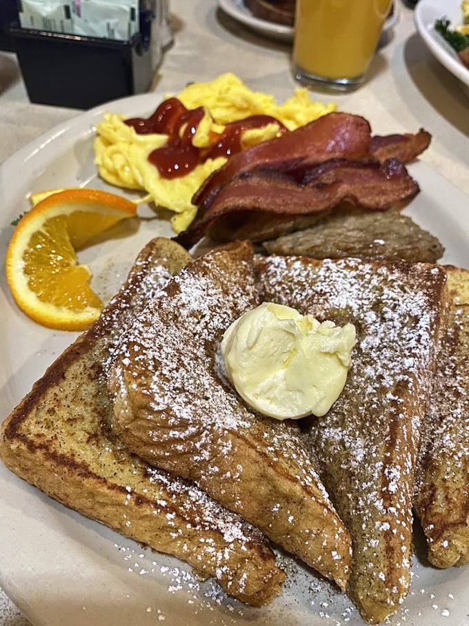 French toast: Thick-cut bread transformed into custardy perfection, dusted with powdered sugar &ndash; like your childhood breakfast fantasies all grown up.
