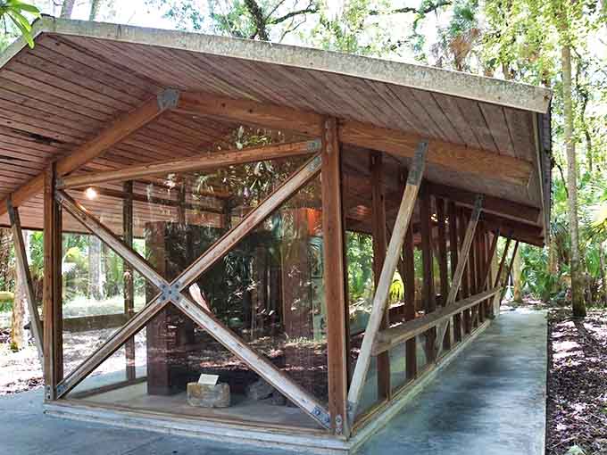 This protective shelter shields fragile artifacts from Florida's harsh elements while allowing visitors an intimate view.