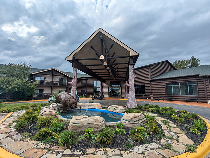 This impressive entrance welcomes visitors to comfortable accommodations where rustic charm meets modern convenience.