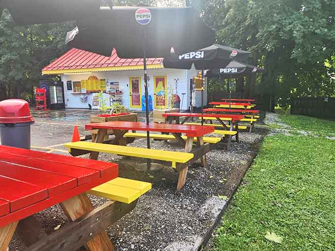 Those rainbow-bright picnic tables under the trees create the perfect setting for a casual meal that tastes anything but casual.