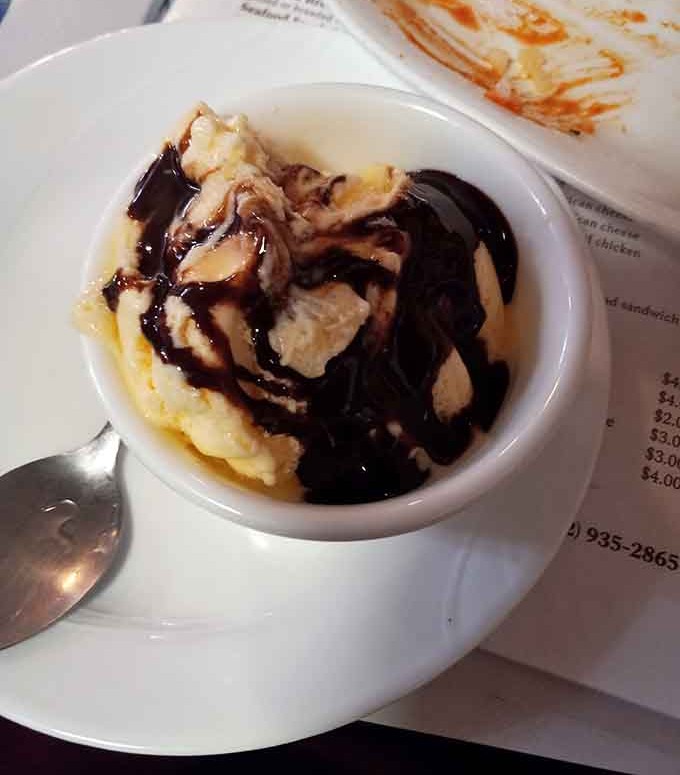 Ice cream topped with chocolate sauce and whipped cream provides the sweet ending your meal deserves, even when you're already stuffed.