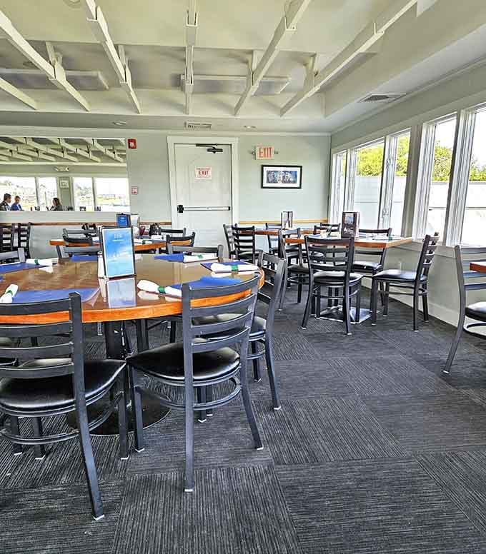 Tables positioned to maximize those harbor views mean you're never far from a reminder of where your seafood came from this morning.