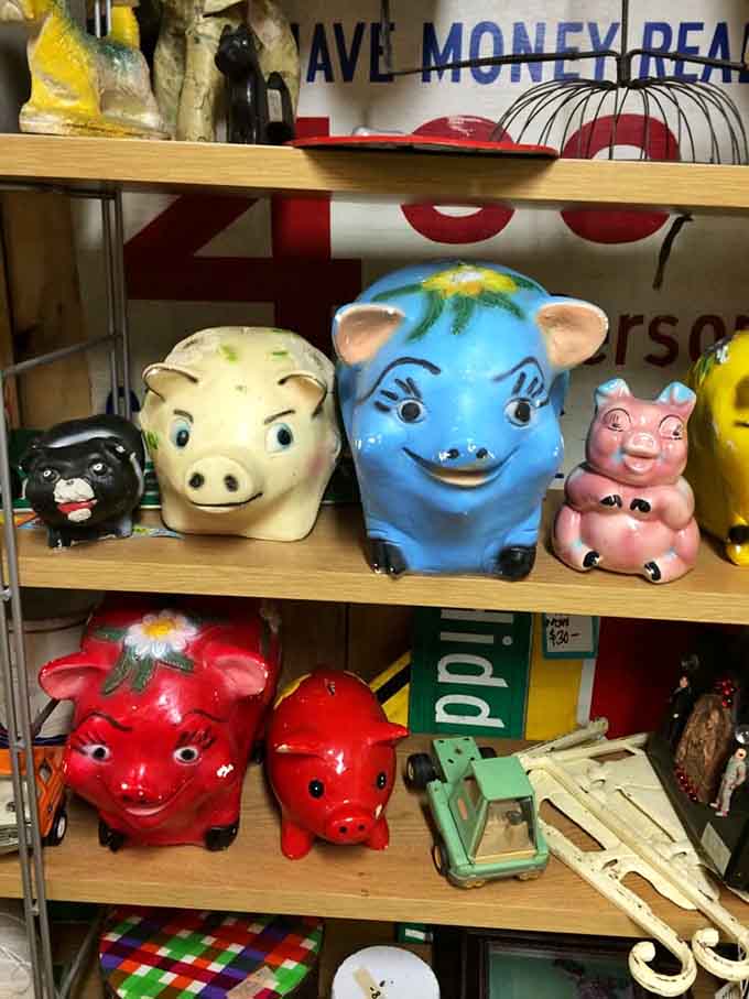 These cheerful ceramic piggy banks once taught children about saving money, back when financial education involved the satisfying clink of coins dropping into pottery.