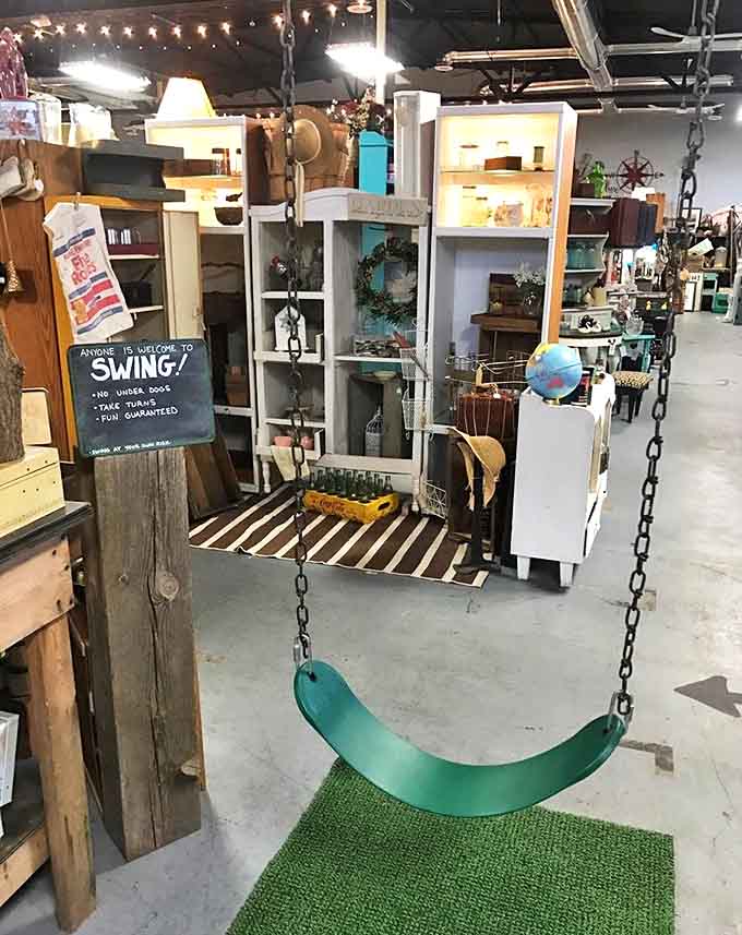 Who says shopping can't be playful? This whimsical touch invites visitors to survey the vintage kingdom from a gently swaying perch.