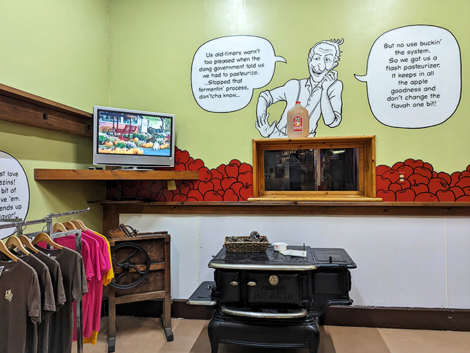 Whimsical wall art explains cider-making with Vermont humor &ndash; because learning about apple fermentation is more fun when cartoon characters are involved.