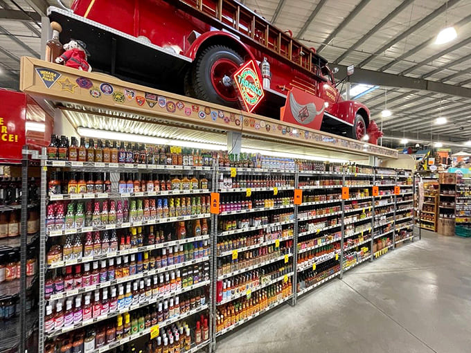 This hot sauce aisle is organized by heat level and country, helping you find the perfect way to punish your taste buds.