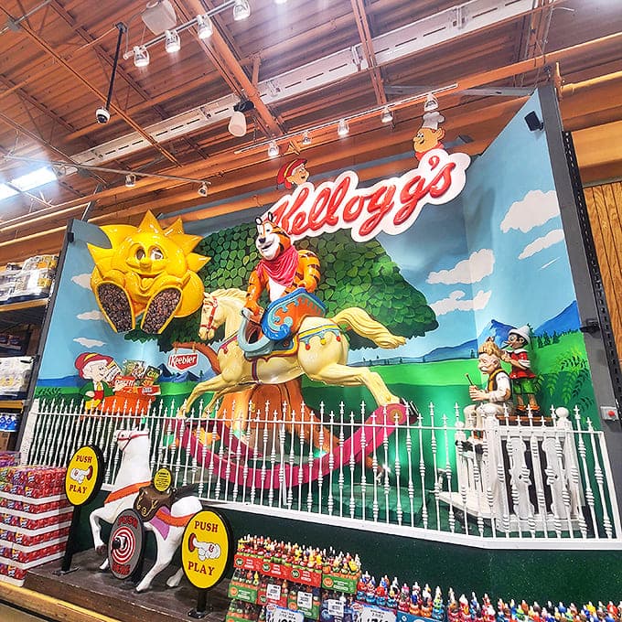 Tony the Tiger rides triumphantly through Kellogg's display country, proving breakfast cereal mascots lead far more exciting lives than we imagined.