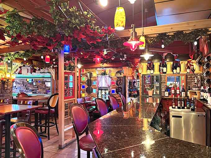 The dining room's eclectic decor creates an atmosphere that's part Italian villa, part enthusiastic grandmother's house, and entirely charming in its commitment to color.