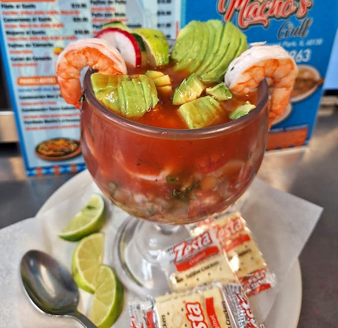 This shrimp cocktail looks like a fiesta in a glass, with avocado and fresh ingredients making healthy eating feel like a celebration.