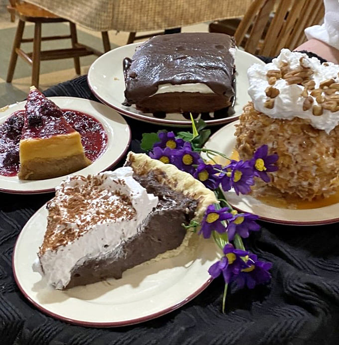 The dessert spread looks like someone raided every grandmother's recipe box and baked everything at once, bless them.