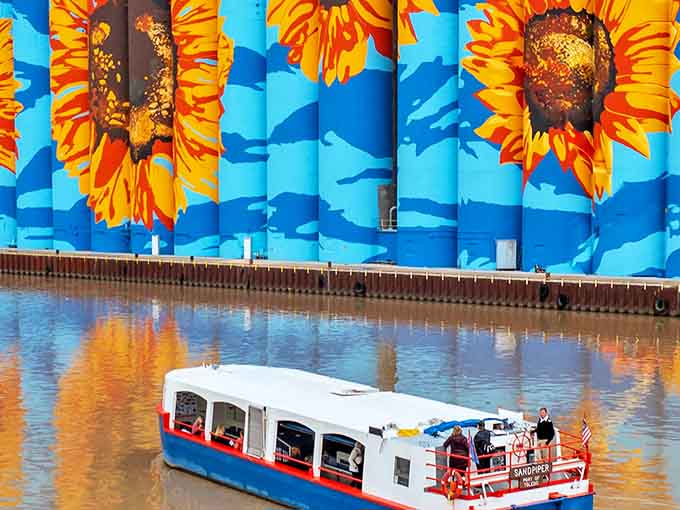 A tour boat offers the perfect vantage point, floating passengers along the Maumee for an uninterrupted view of Toledo's half-mile canvas.