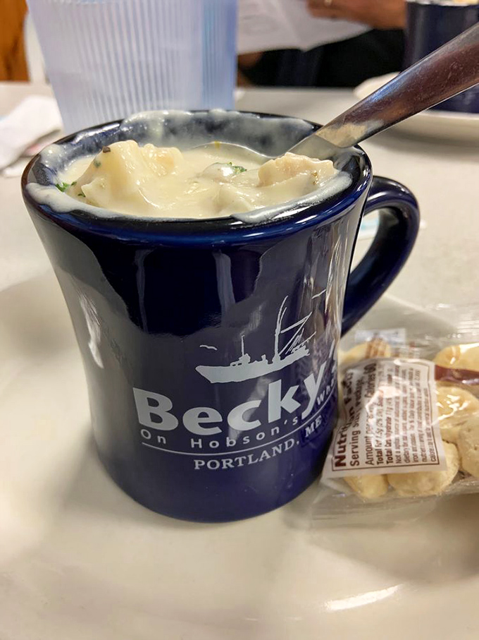 Comfort in a cup: Becky's hearty seafood chowder, where each spoonful delivers the essence of Maine's coastal flavors.