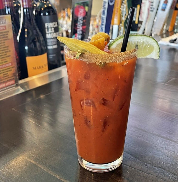 A Bloody Mary so loaded with garnishes it's practically a meal with a drink attached.