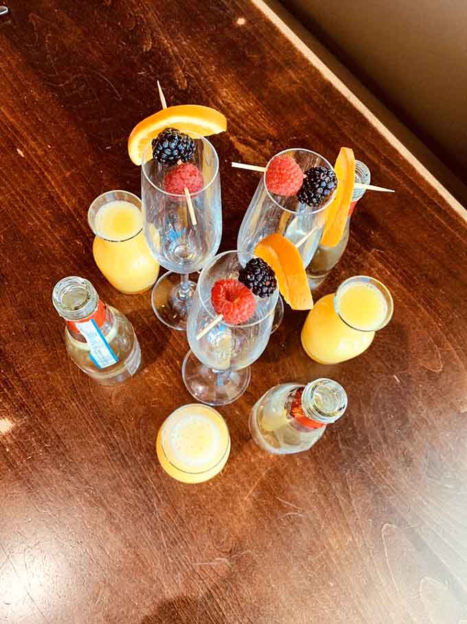 Brunch gets the bubbly treatment with mimosas that arrive looking like they're ready for their close-up, complete with fresh berries.
