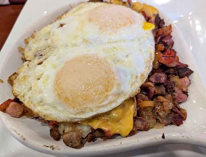 Chopped steak topped with eggs over hash browns is the kind of hearty breakfast that fuels adventures and cures hangovers simultaneously.