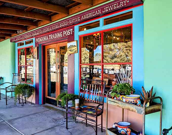 Patagonia Trading Post's colorful storefront promises treasures inside, from turquoise jewelry to books about the region's rich history.