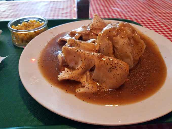 Turkey slices swimming in gravy create a Thanksgiving-worthy feast available any day of the week.