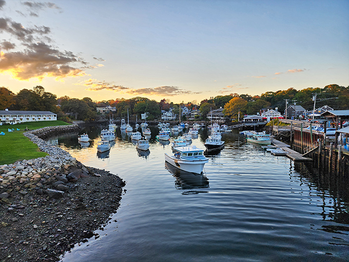 As sunset paints the harbor in golden hues, fishing boats rest after a day's work, promising tomorrow's seafood feasts.