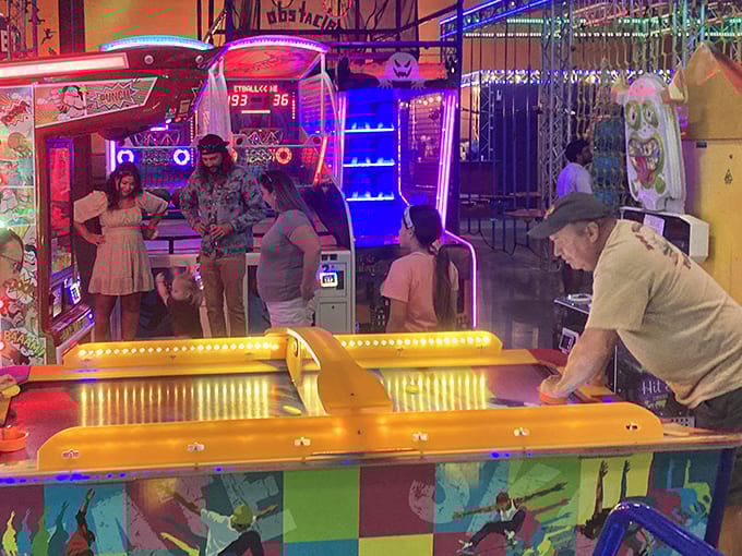 The arcade section blends digital entertainment with physical play, creating multigenerational appeal that bridges technology gaps between parents and kids.