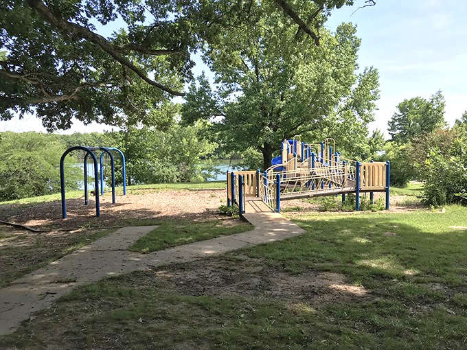 This playground offers lake views that might distract parents more than kids. Swinging with a scenic backdrop.