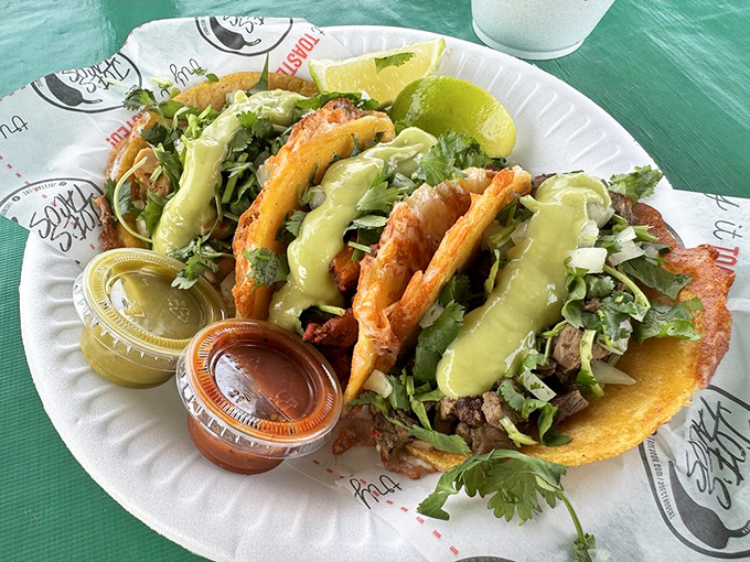 Pollo Asado, Pastor, Asada: A holy trinity of taco perfection, each one a masterclass in balancing meat, cilantro, onion and that magical green sauce.