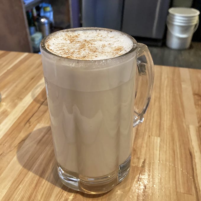The pumpkin chai latte offers warming spices in a generous mug, perfect for wrapping cold hands around on chilly Maine mornings.