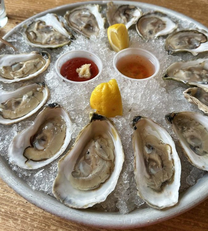 Oysters on the half shell &ndash; glistening jewels from Maine's cold waters, each one a perfect briny bite of the Atlantic.