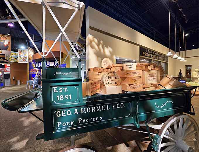 An antique delivery wagon represents the humble beginnings of a company that would eventually feed millions across the globe.