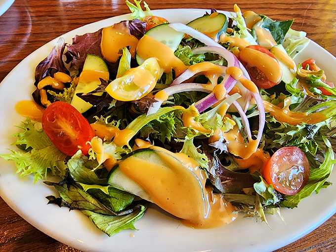 Even the salads deserve attention – fresh greens, vibrant veggies, and house-made dressing create a colorful palette that tastes as good as it looks.