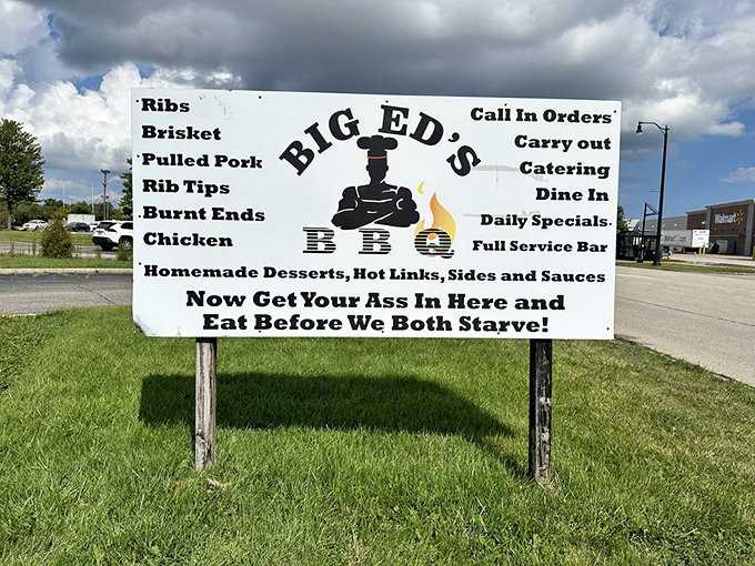 Truth in advertising! This sign doesn't just describe the menu, it issues a challenge to your appetite. Are you up for it?