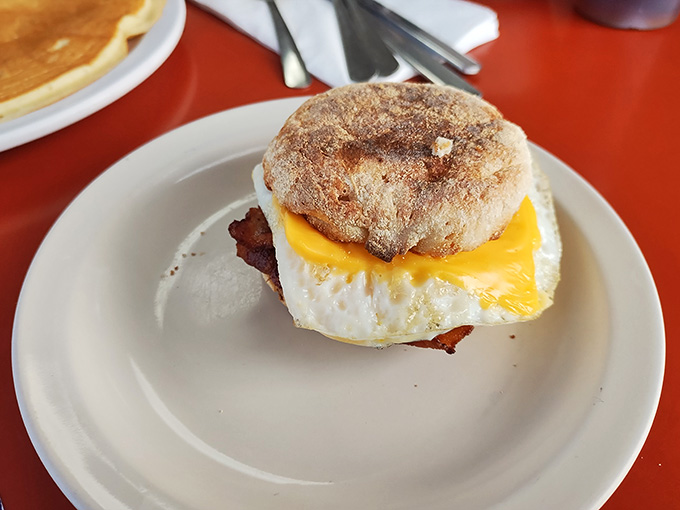 The breakfast sandwich on an English muffin: portable perfection for those who need to eat and run to the trails.