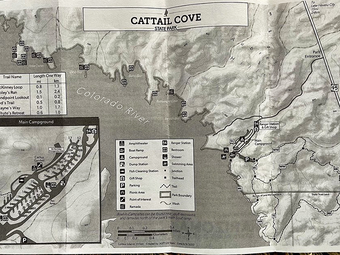 Adventure awaits around every corner of Cattail Cove, as this detailed map reveals hiking trails, boat launches, and hidden coves to explore.
