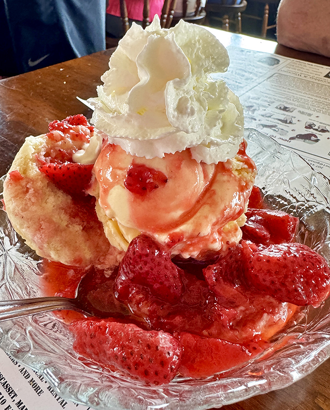 Strawberry shortcake that defies gravity and good sense - a towering monument to summer's sweetest berry.