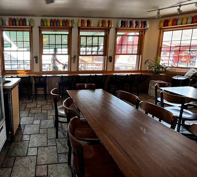 Colorful buoys above the windows add nautical charm while you contemplate which delicious item to order first, second, and third.