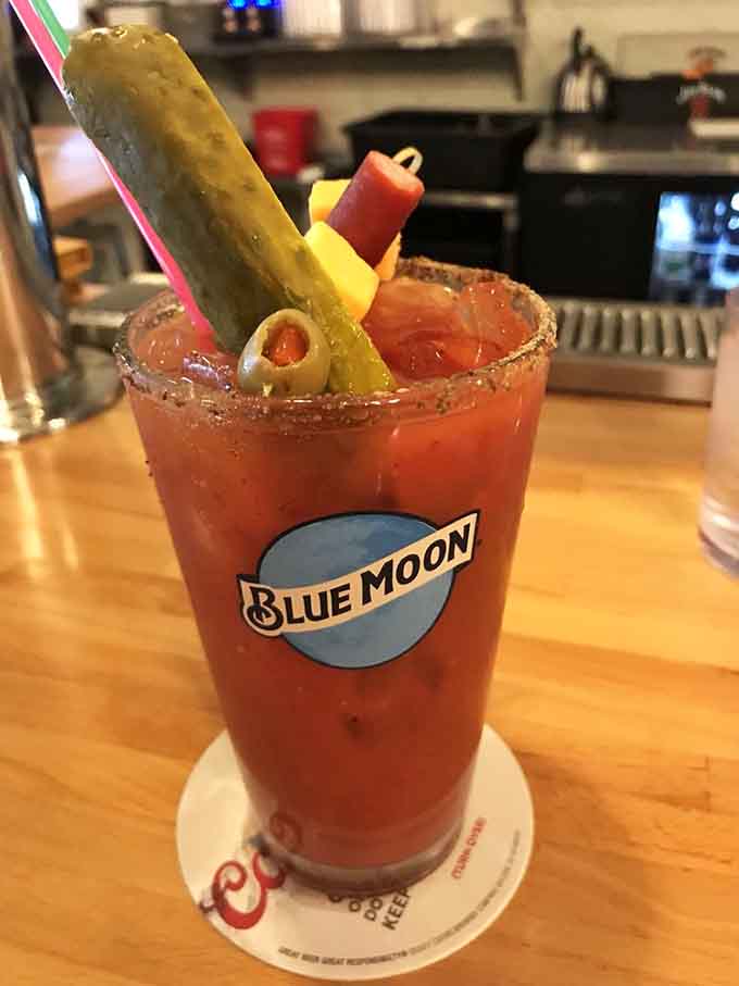 This Bloody Mary comes dressed for success, loaded with garnishes that could constitute an entire meal on their own.