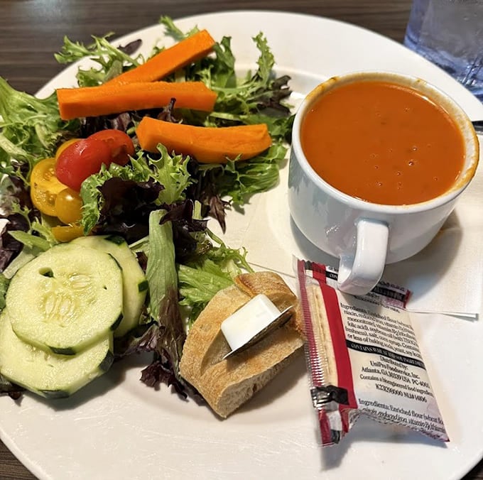 Fresh salad paired with soup demonstrates that healthy choices can still be deeply satisfying and delicious.