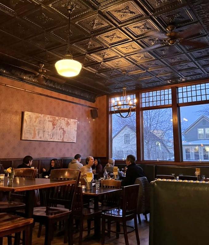 The dining room fills with folks who've discovered that tin ceilings and great food make for pretty much perfect Tuesday evenings.
