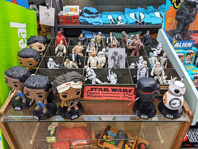 Star Wars figures arranged like a miniature convention, where Han definitely shot first and everyone's okay with that fact.