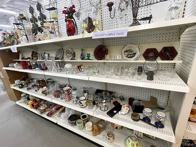 Glassware from every era sits side by side, from "grandma's good crystal" to "that weird promotional cup from the gas station."