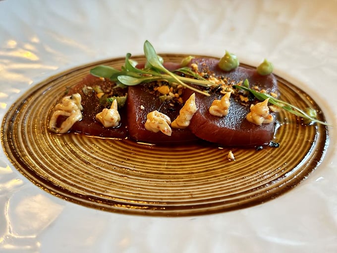 Tuna sashimi that's a work of art. It's so fresh, you'd swear it was swimming in the ocean just moments ago. Eat it quickly before it flops off the plate!