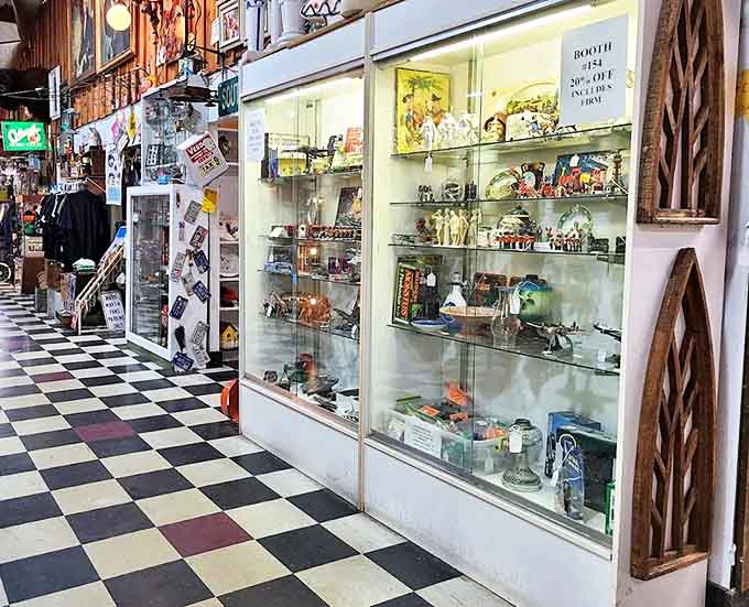 Individual vendor booths create distinct shopping experiences within the larger gallery, like stores within a store, which is either efficient or inception-level retail.