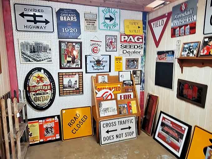 Chicago sports memorabilia and vintage road signs create a nostalgic playground for locals who remember when these weren't collectibles but everyday items.