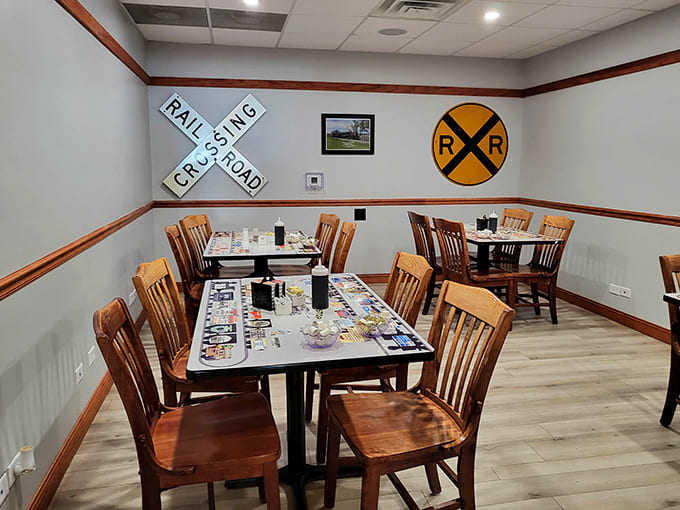 Clean, comfortable dining spaces with railroad d&eacute;cor make every meal feel like a journey worth taking, even if you're just passing through.