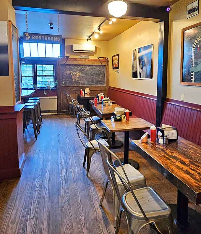 Exposed beams and wooden tables create that rustic Vermont charm where you can actually relax and enjoy your meal.