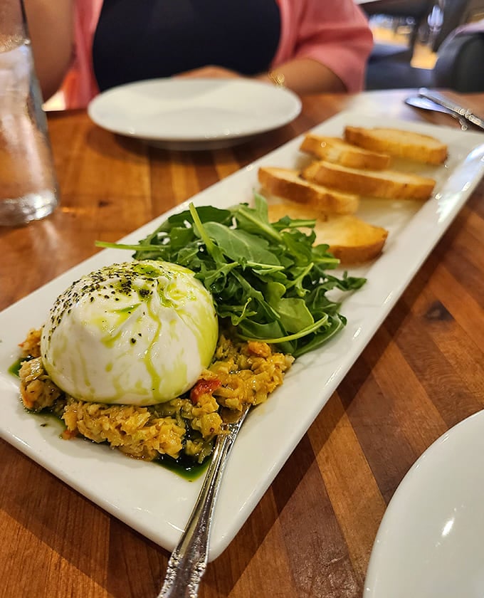 Burrata that's creamy on the outside, dreamy on the inside. Breaking into this cloud of cheese feels almost illicit &ndash; but nobody's judging.